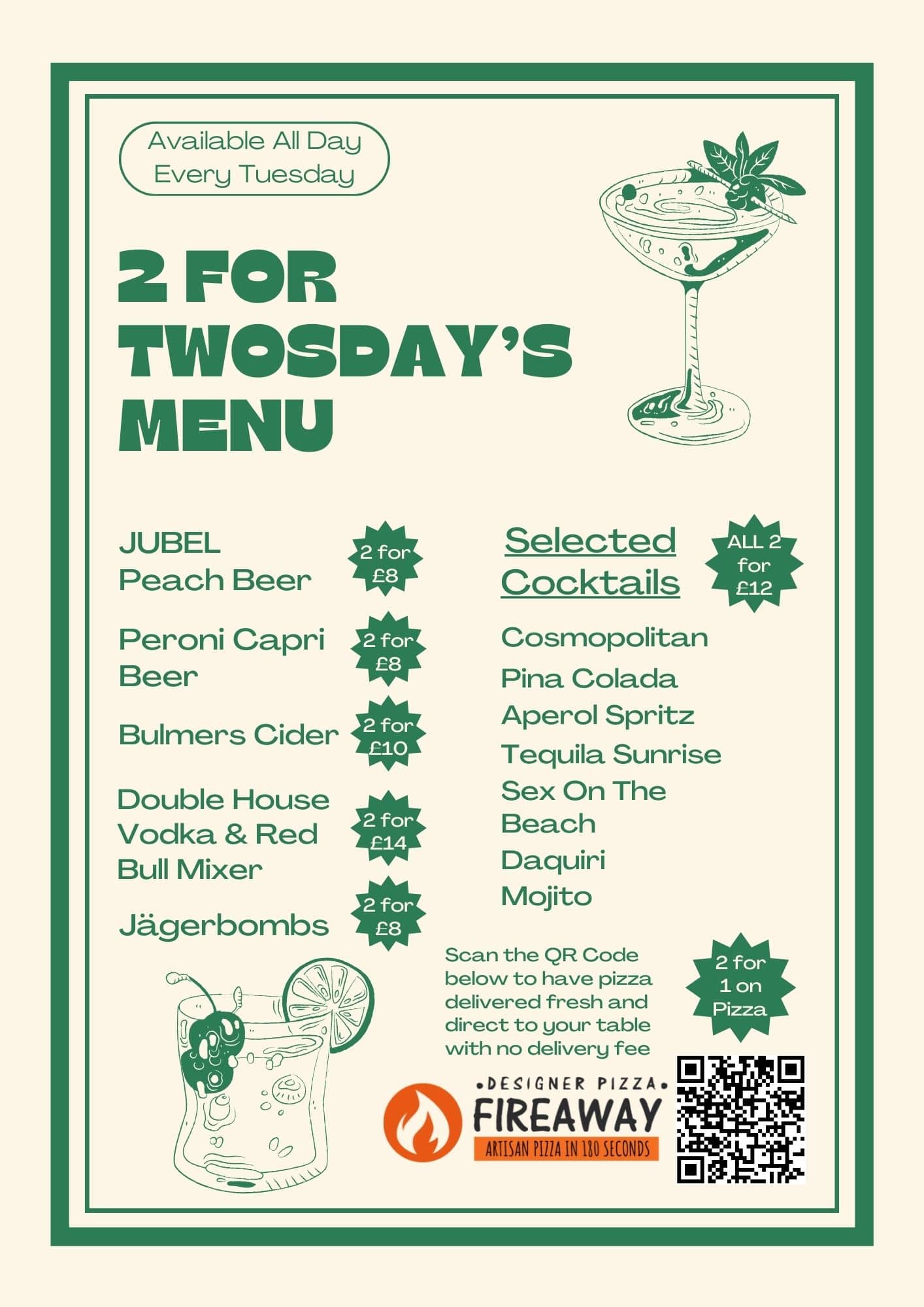 2 for Tuesdays Drinks Menu